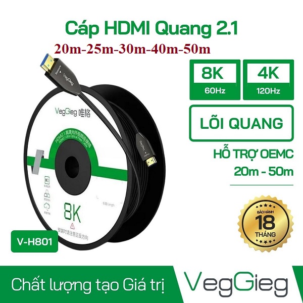 Cáp HDMI 2.1 VegGieg V-H801 lõi quang 8K60Hz dài 25m chính hãng cao cấp